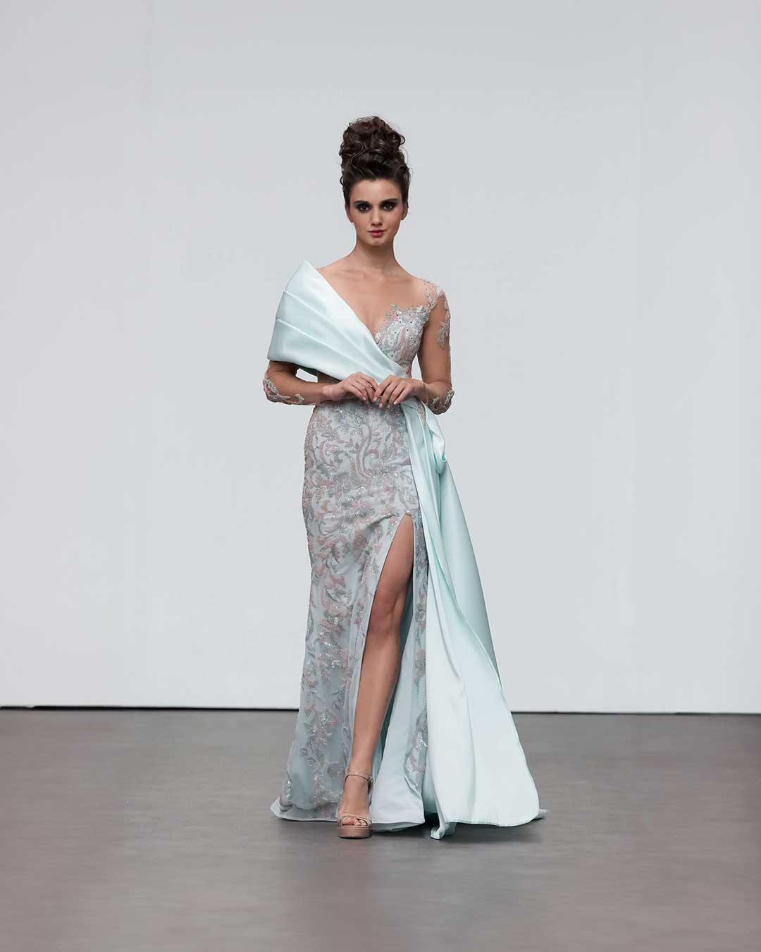 Azure Mirage Dress – Pastel Blue One-Shoulder Lace Gown with Satin ...