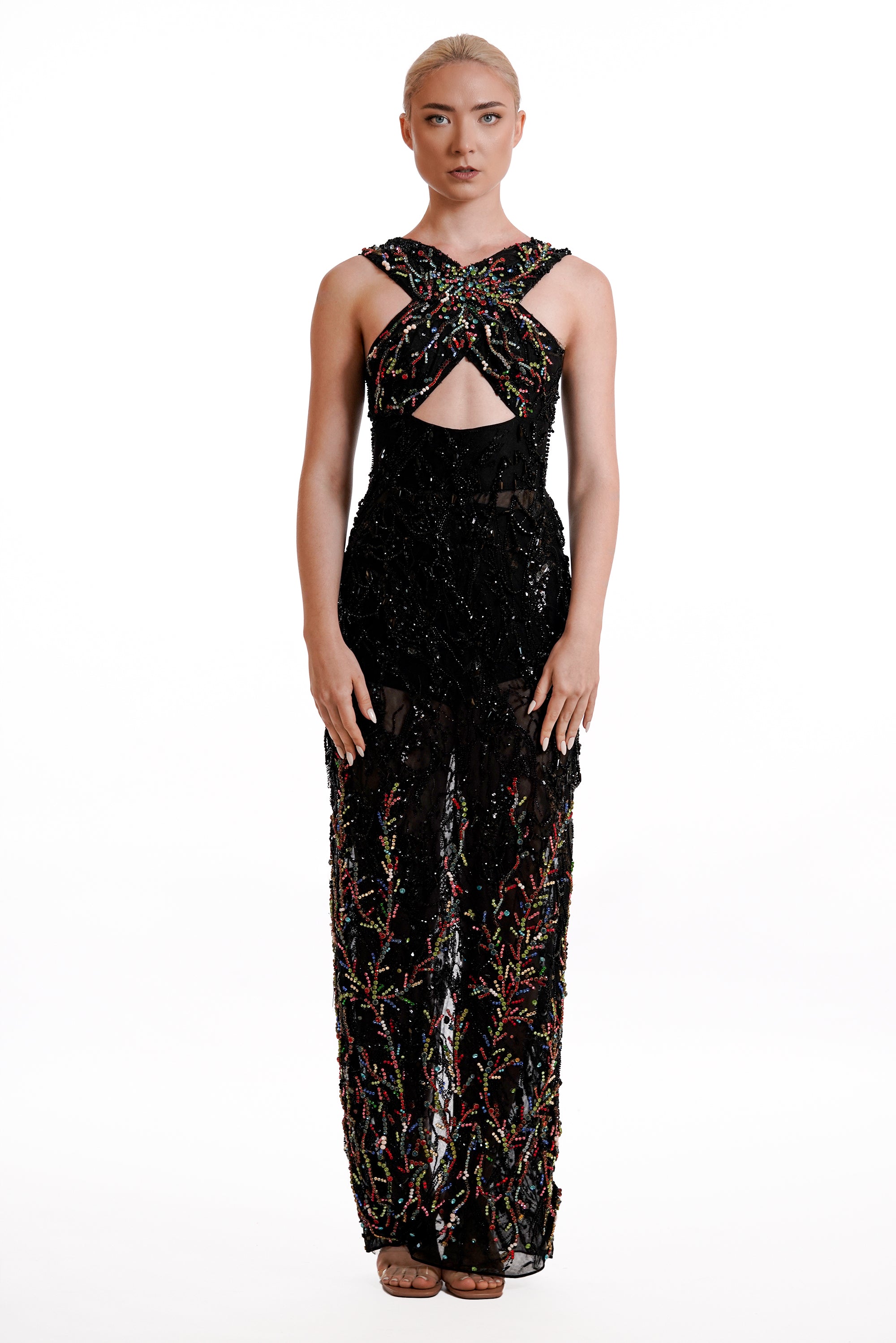 Celestial Radiance Dress – High Neck Gown with Gradient and Sequin ...