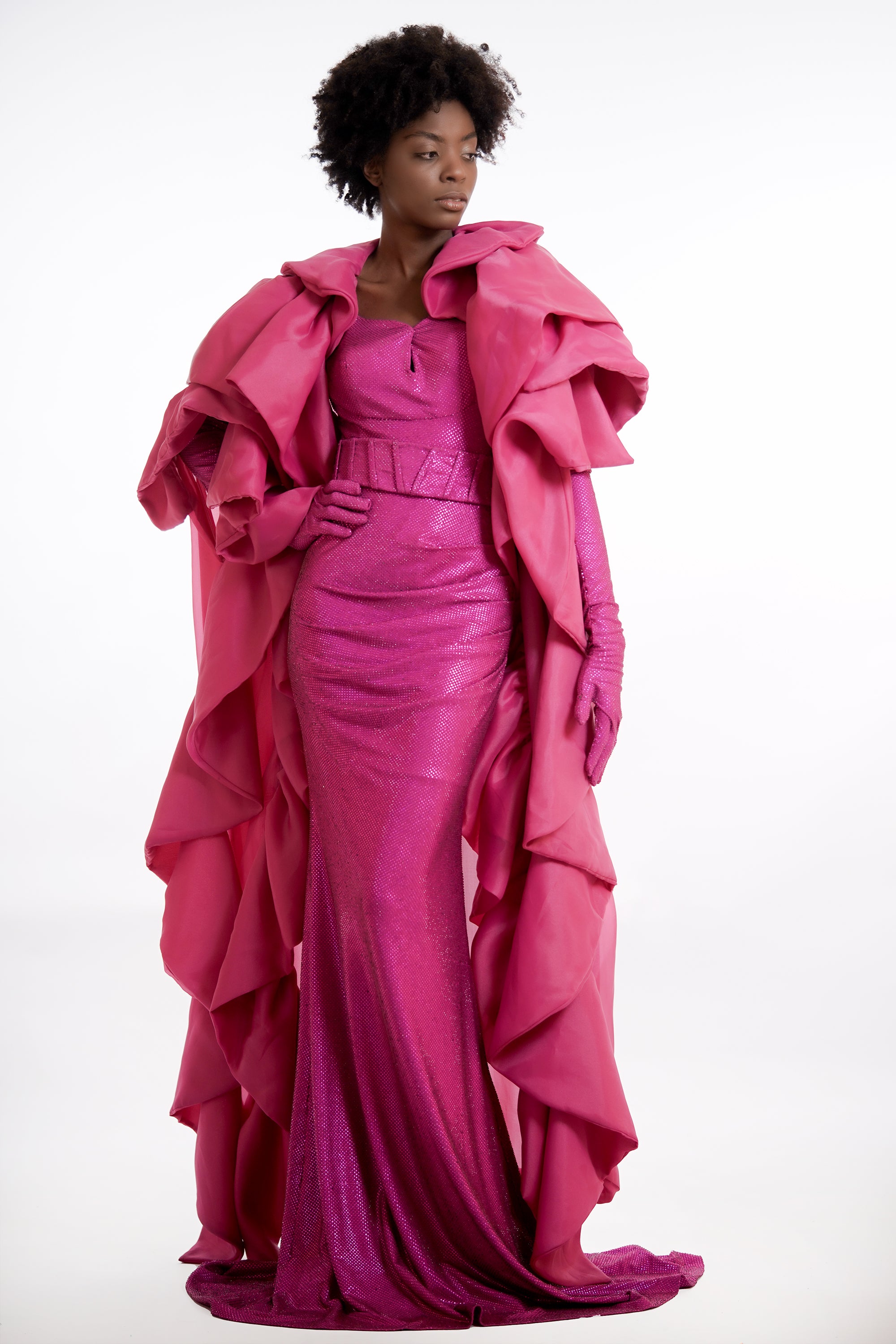 Fuchsia Sequin Splendor Dress – Captivating Long Dress with Gloves ...